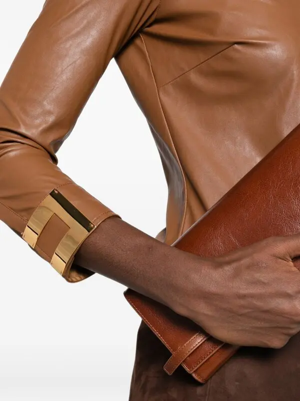 Elisabetta Franchi Faux-leather Shirt With Gold-tone Logo Plaque - Brown