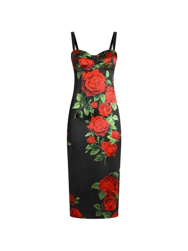 Dolce & Gabbana Roses Print Silk Midi Dress - Black