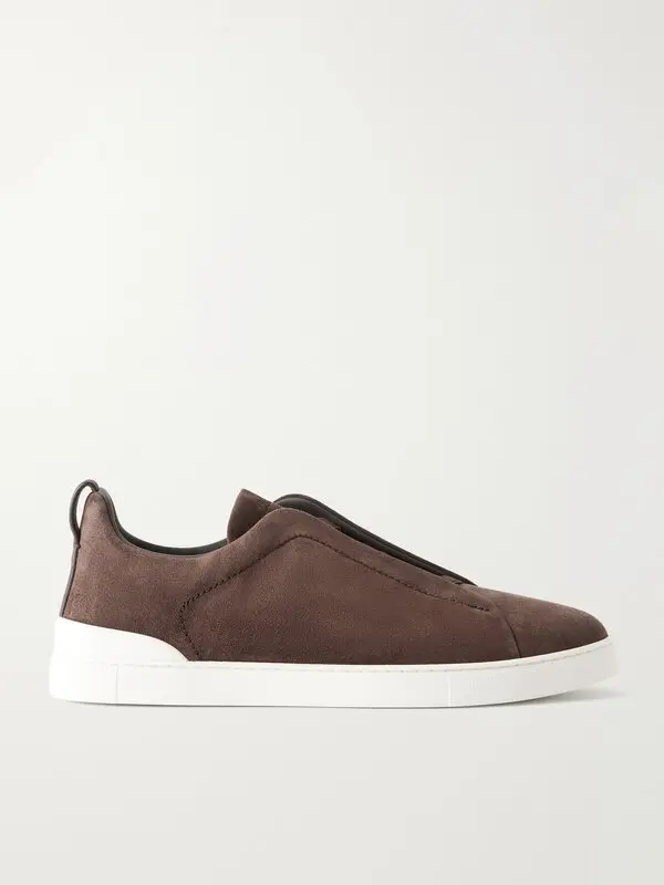 Zegna Triple Stitch Suede Slip-on Sneakers - Brown