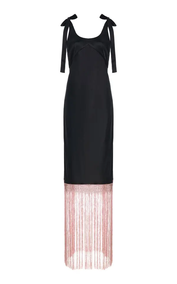 Alejandra Alonso Rojas Crepe Midi Dress With Dusty Pink Fringe - Black