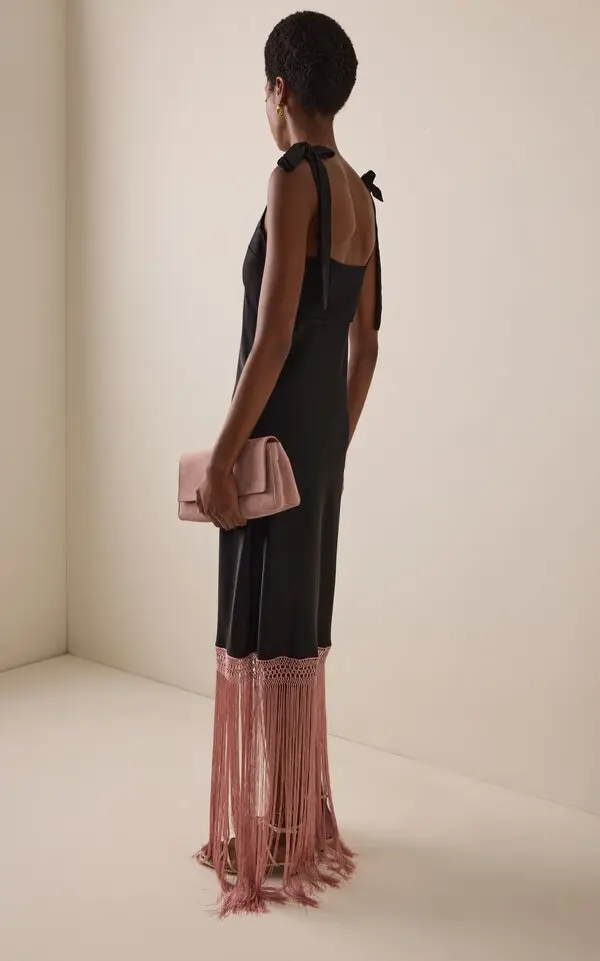 Alejandra Alonso Rojas Crepe Midi Dress With Dusty Pink Fringe