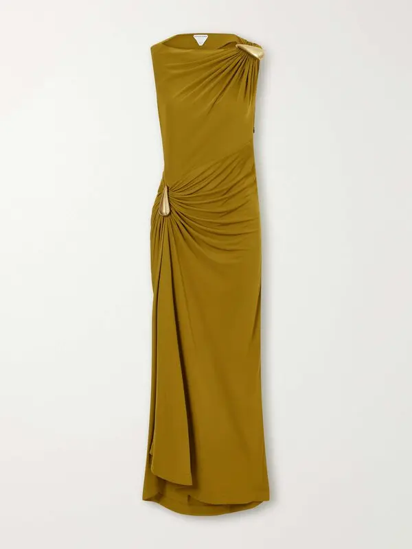 Bottega Veneta Gathered Embellished Crepe-jersey Maxi Dress - Green