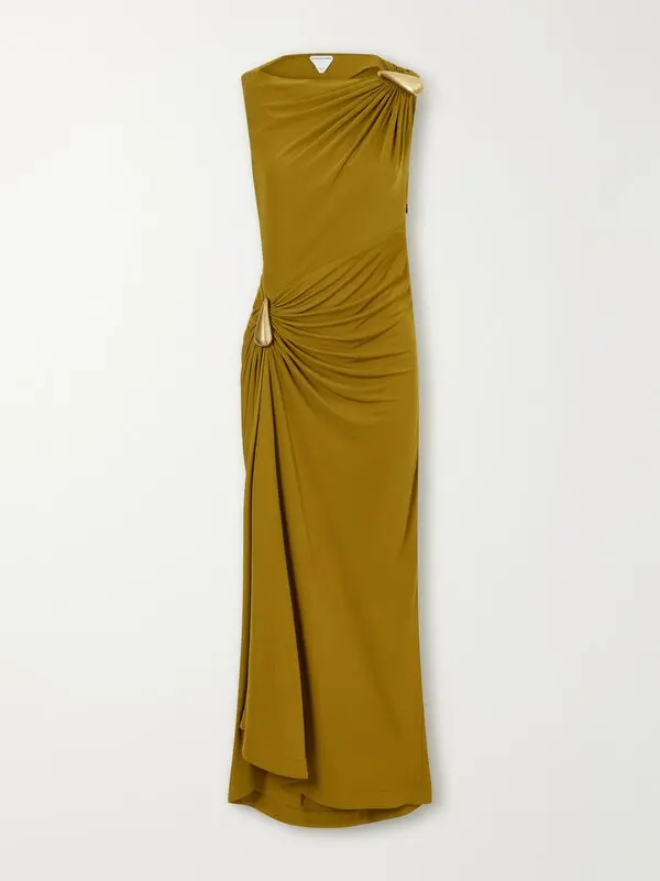 Bottega Veneta Gathered Embellished Crepe-jersey Maxi Dress - Green