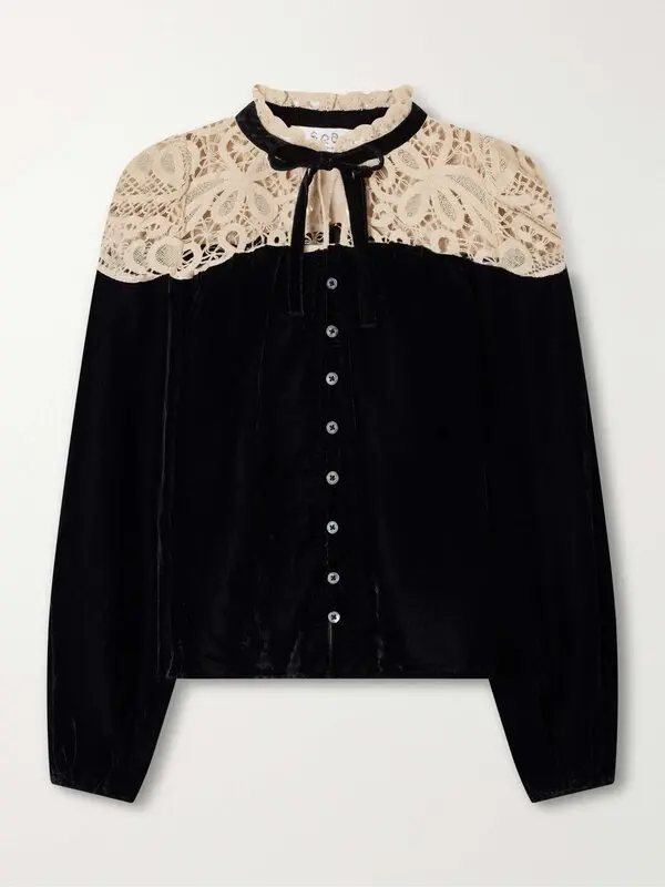 Sea Shiloh Bow-detailed Embroidered Velvet Blouse