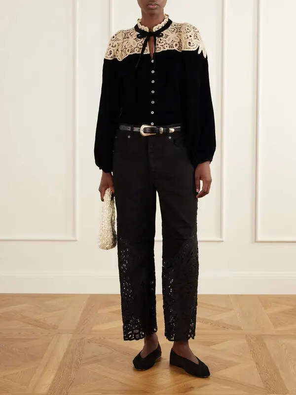 Sea Shiloh Bow-detailed Embroidered Velvet Blouse