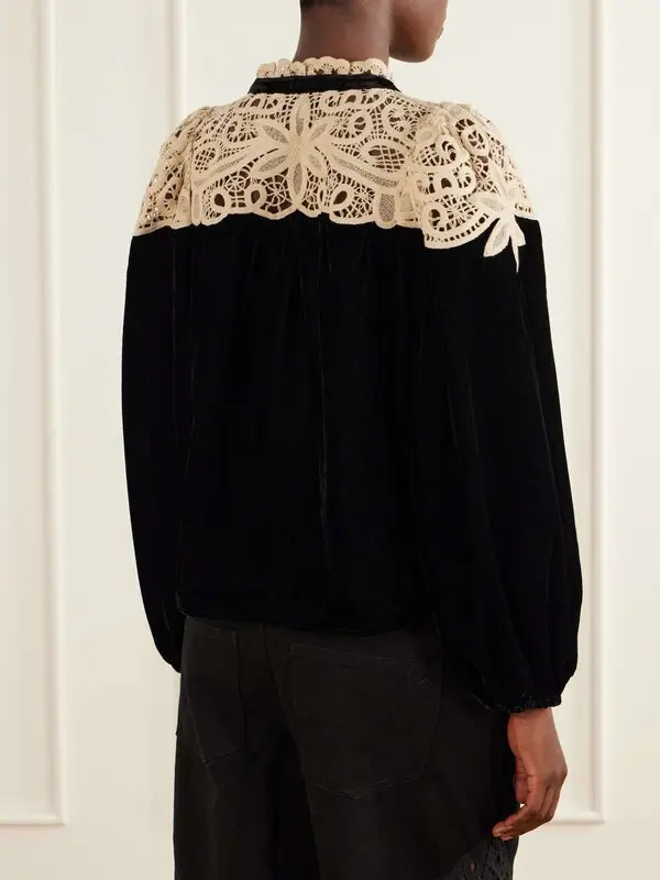 Sea Shiloh Bow-detailed Embroidered Velvet Blouse