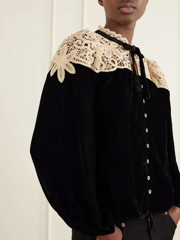 Sea Shiloh Bow-detailed Embroidered Velvet Blouse