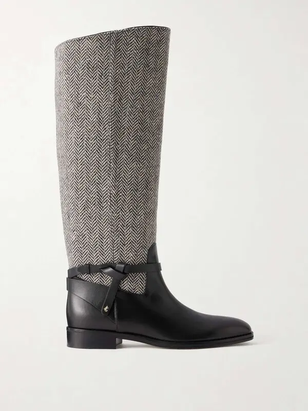 JIMMY CHOO Lawton Leather-trimmed Herringbone Knee Boots - Black