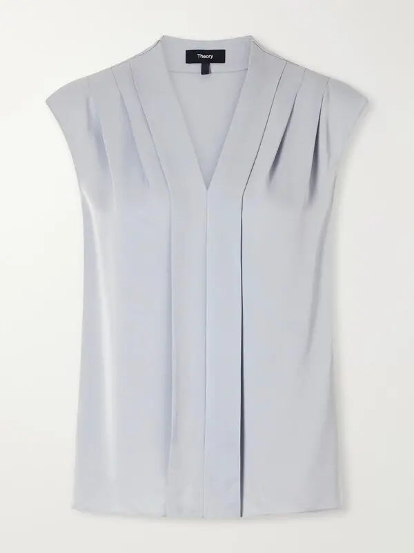 Theory Pleated Silk-satin Tank - Gray