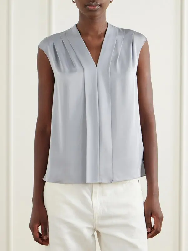 Theory Pleated Silk-satin Tank - Gray