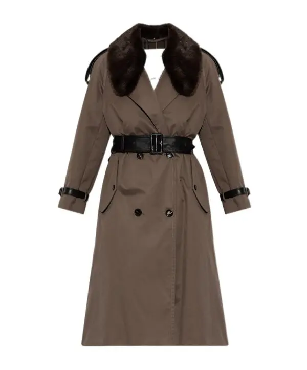 Burberry Long Cotton Trench Coat With Buffalo Leather Collar - Brown