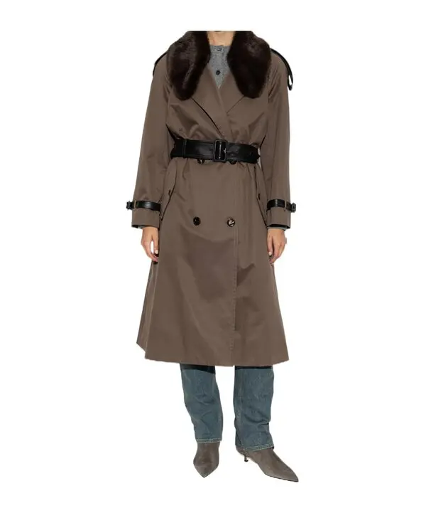 Burberry Long Cotton Trench Coat With Buffalo Leather Collar