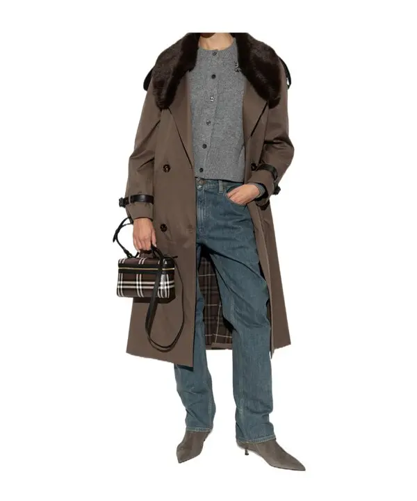 Burberry Long Cotton Trench Coat With Buffalo Leather Collar
