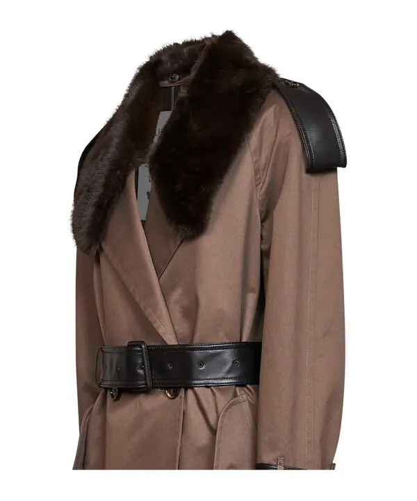 Burberry Long Cotton Trench Coat With Buffalo Leather Collar
