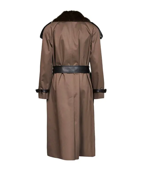 Burberry Long Cotton Trench Coat With Buffalo Leather Collar