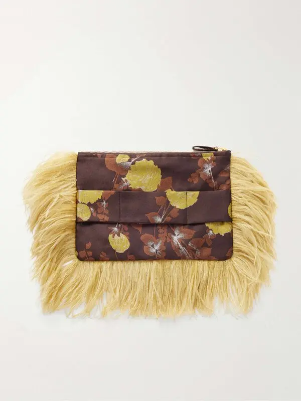 La DoubleJ Party Feather-embellished Floral-jacquard Clutch - Brown