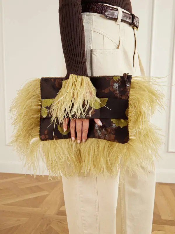 La DoubleJ Party Feather-embellished Floral-jacquard Clutch