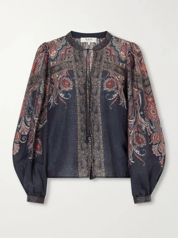 Sea Hyacinth Tie-detailed Printed Chiffon Blouse - Blue