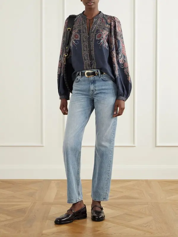 Sea Hyacinth Tie-detailed Printed Chiffon Blouse - Blue