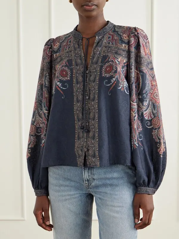 Sea Hyacinth Tie-detailed Printed Chiffon Blouse - Blue