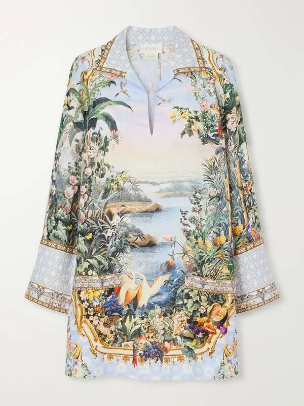 Camilla Sisi Society Crystal-embellished Printed Linen Mini Dress - Multi