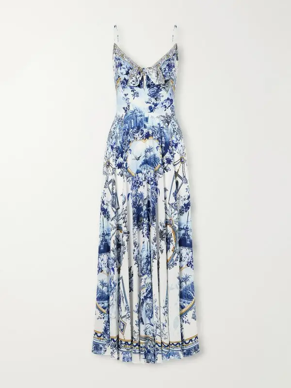 Camilla Porcelain Parlour Crystal-embellished Printed Silk Maxi Dress - Blue