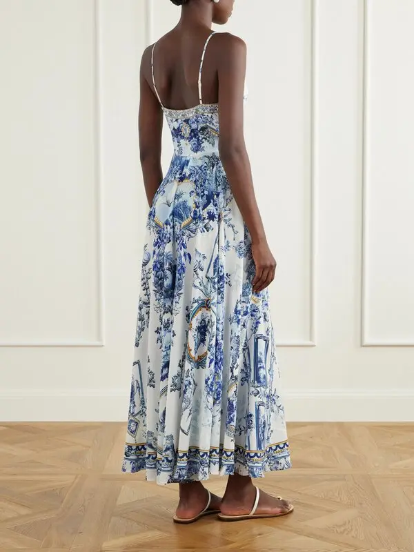 Camilla Porcelain Parlour Crystal-embellished Printed Silk Maxi Dress - Blue