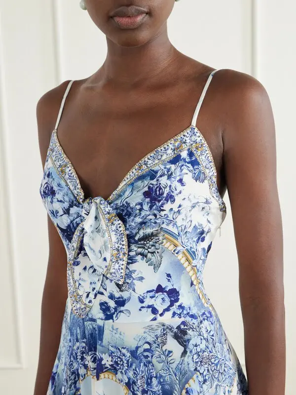Camilla Porcelain Parlour Crystal-embellished Printed Silk Maxi Dress - Blue