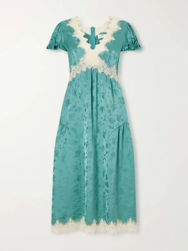 Sea Shay Gathered Lace-trimmed Floral-jacquard Midi Dress - Turquoise