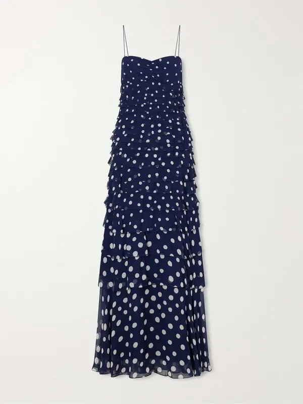 Saloni Niki Polka-dot Chiffon Gown - Navy