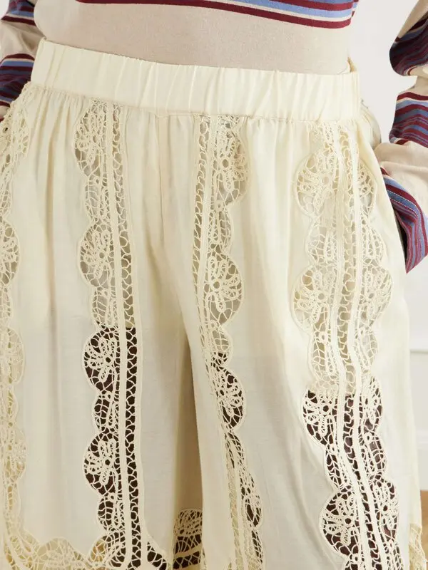 Sea Vali Gathered Embroidered Cotton-blend Wide-leg Pants