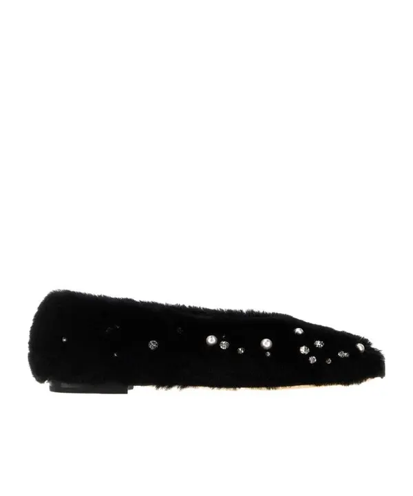 JIMMY CHOO Furry Pointed-toe Loafers With Pearl And Crystal Embellishments - Black