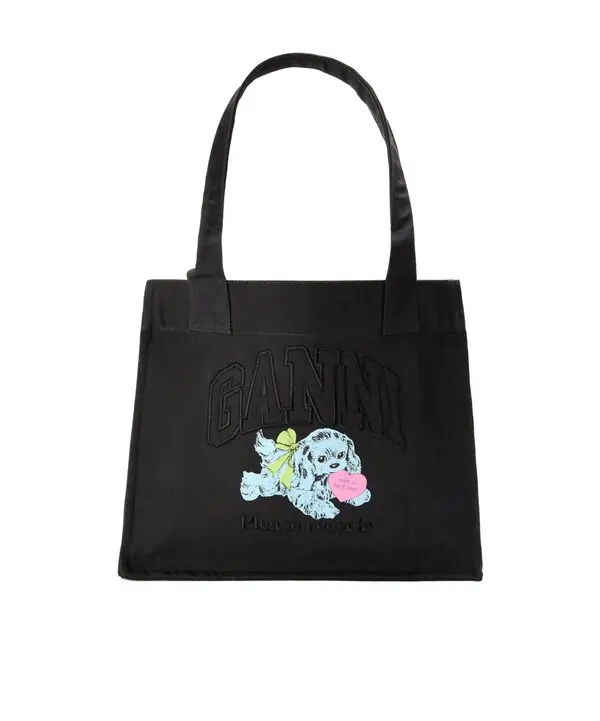 GANNI Shopper Tote Bag With Graphic Print - Black