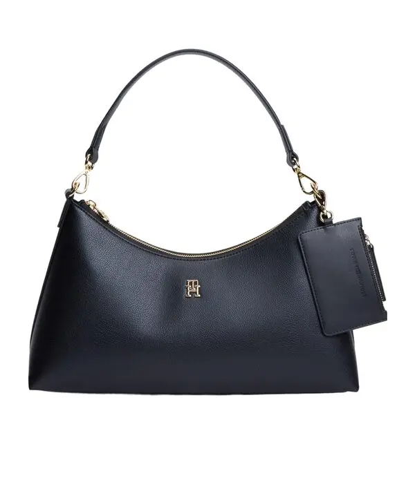 Tommy Hilfiger Leather Shoulder Bag With Gold Tone Logo - Black
