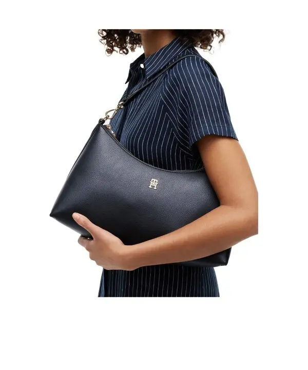 Tommy Hilfiger Leather Shoulder Bag With Gold Tone Logo - Black