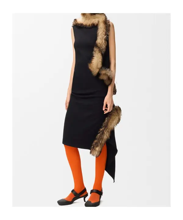 Loewe Asymmetrical Draped Viscose Blend Dress With Shearling Trim