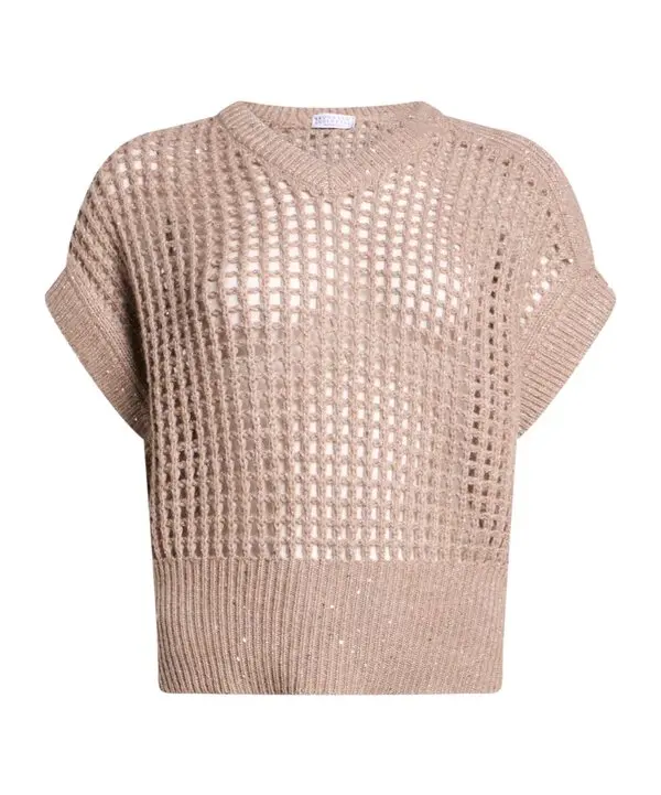 Brunello Cucinelli Sleeveless V-neck Knit Top - Khaki