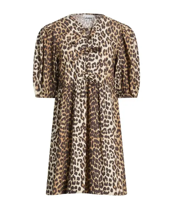 GANNI Leopard Print Short Sleeve Dress - Ivory
