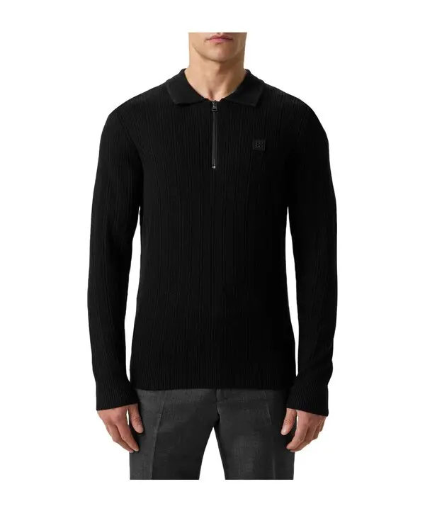 Hugo Boss Ribbed Knit Zip Up Polo Top