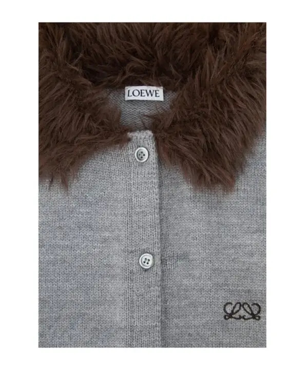 Loewe Wool Cardigan With Fur Collar - Grey
