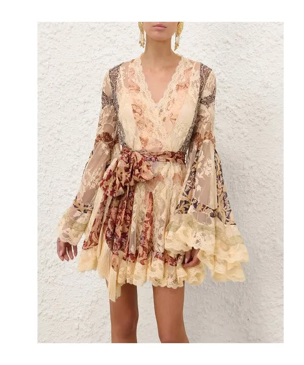 Zimmermann Lace Panel Wrapfront Bell Sleeve Mini Dress - Patchwork Floral