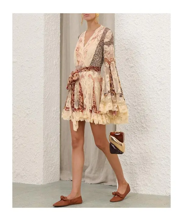 Zimmermann Lace Panel Wrapfront Bell Sleeve Mini Dress - Patchwork Floral