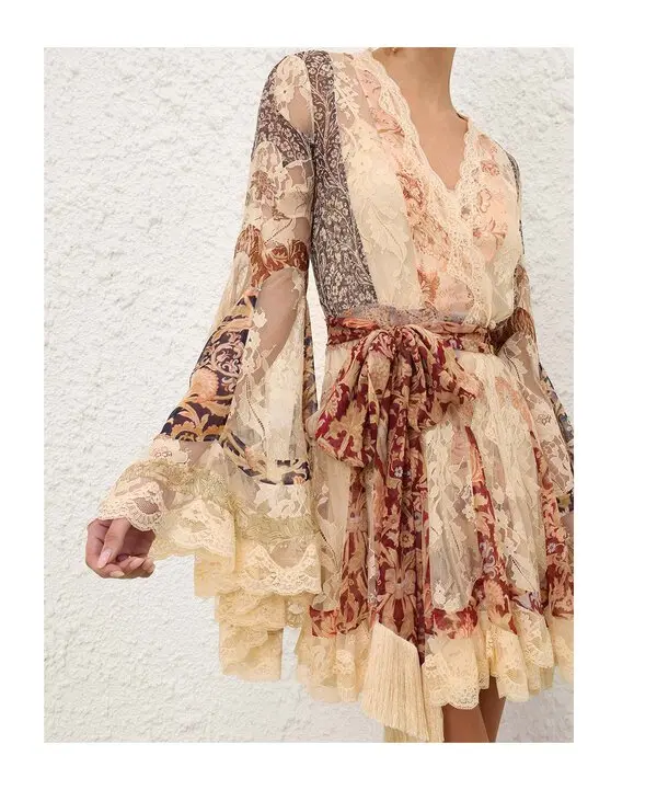 Zimmermann Lace Panel Wrapfront Bell Sleeve Mini Dress - Patchwork Floral