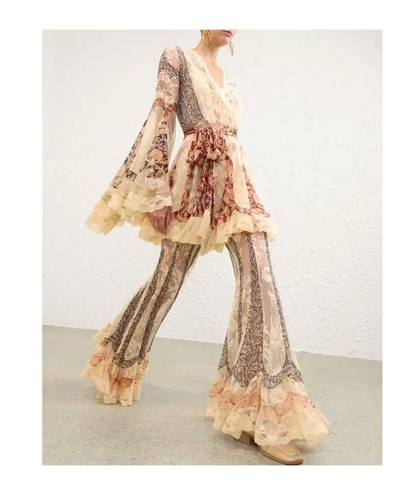 Zimmermann Lace Panel Wrapfront Bell Sleeve Mini Dress - Patchwork Floral