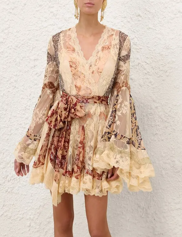 Zimmermann Lace Panel Wrapfront Bell Sleeve Mini Dress