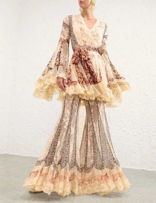 Zimmermann Lace Panel Wrapfront Bell Sleeve Mini Dress