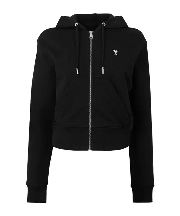 AMI Paris Cropped Fullzip Hooded Sweatshirt - Black
