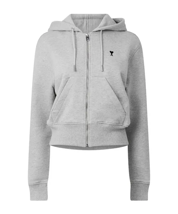 AMI Paris Cropped Fullzip Hooded Sweatshirt - Grey