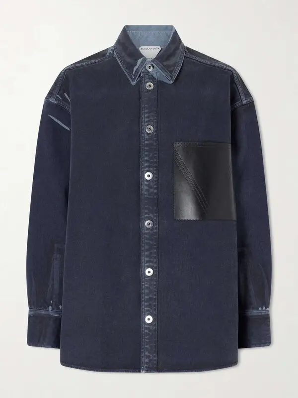 Bottega Veneta Overdyed Organic Denim Jacket With Leather Trim - Blue