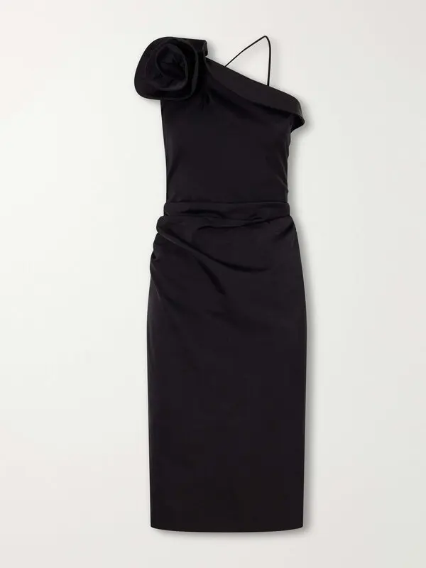Magda Butrym One-shoulder Appliquéd Gathered Cotton And Silk-blend Midi Dress - Black
